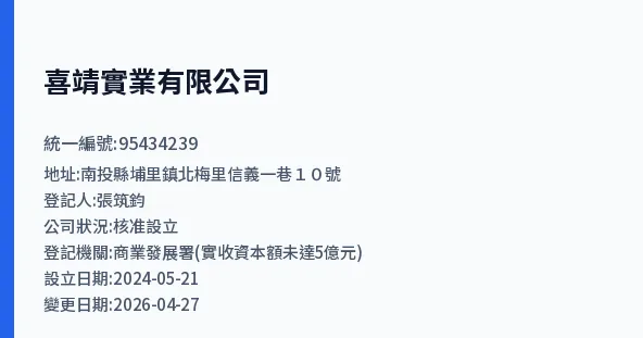 喜靖實業有限公司的照片-統編 95434239(南投縣) 公司登記資料與營業項目詳細圖表