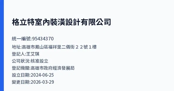 格立特室內裝潢設計有限公司的照片-統編 95434370(高雄市) 公司登記資料與營業項目詳細圖表