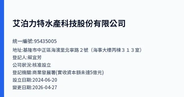 艾泊力特水產科技股份有限公司的照片-統編 95435005(基隆市) 公司登記資料與營業項目詳細圖表