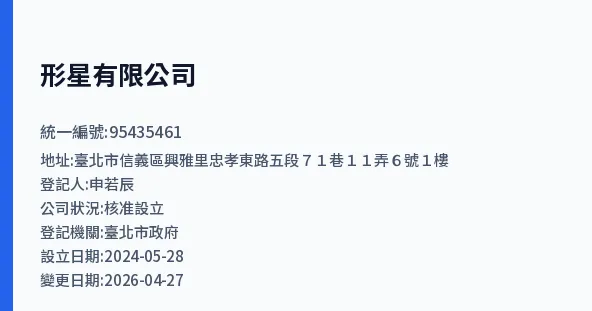 形星有限公司的照片-統編 95435461(臺北市) 公司登記資料與營業項目詳細圖表
