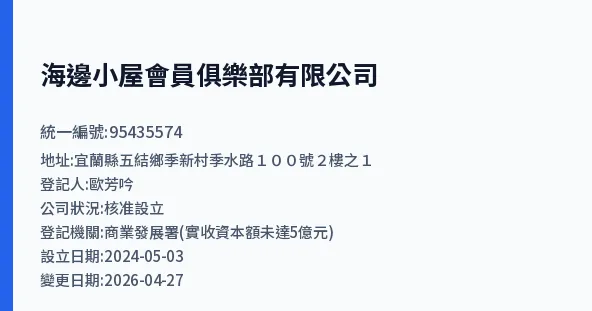 海邊小屋會員俱樂部有限公司的照片-統編 95435574(宜蘭縣) 公司登記資料與營業項目詳細圖表