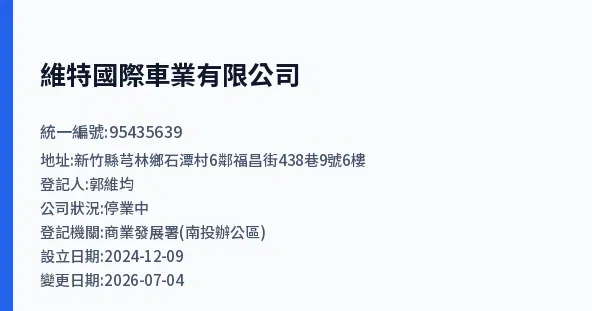 維特國際車業有限公司的照片-統編 95435639(新竹縣) 公司登記資料與營業項目詳細圖表