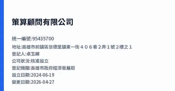 策算顧問有限公司的照片-統編 95435700(高雄市) 公司登記資料與營業項目詳細圖表