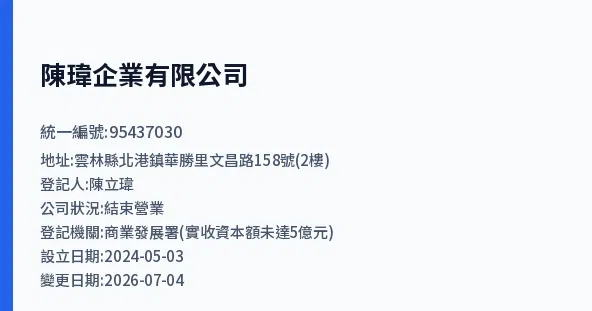 陳瑋企業有限公司的照片-統編 95437030(雲林縣) 公司登記資料與營業項目詳細圖表