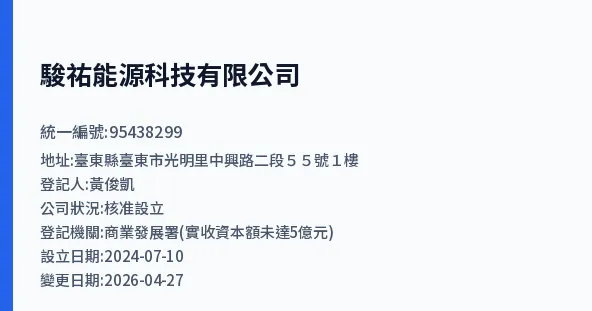 駿祐能源科技有限公司的照片-統編 95438299(臺東縣) 公司登記資料與營業項目詳細圖表