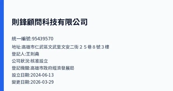 則鋒顧問科技有限公司的照片-統編 95439570(高雄市) 公司登記資料與營業項目詳細圖表