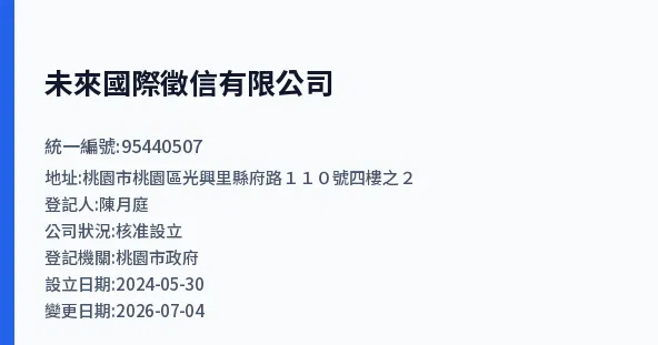 未來國際徵信有限公司的照片-統編 95440507(桃園市) 公司登記資料與營業項目詳細圖表