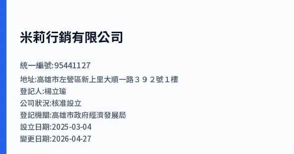 米莉行銷有限公司的照片-統編 95441127(高雄市) 公司登記資料與營業項目詳細圖表