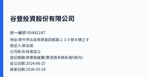 谷登投資股份有限公司的照片-統編 95441267(新竹市) 公司登記資料與營業項目詳細圖表
