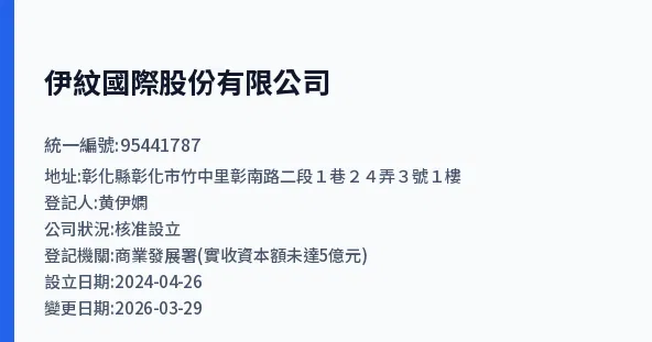 伊紋國際股份有限公司的照片-統編 95441787(彰化縣) 公司登記資料與營業項目詳細圖表