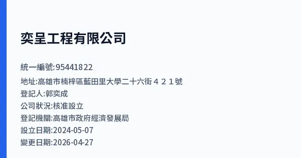 奕呈工程有限公司的照片-統編 95441822(高雄市) 公司登記資料與營業項目詳細圖表