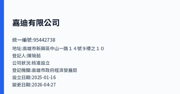 嘉迪有限公司的照片-統編 95442738(高雄市) 公司登記資料與營業項目詳細圖表