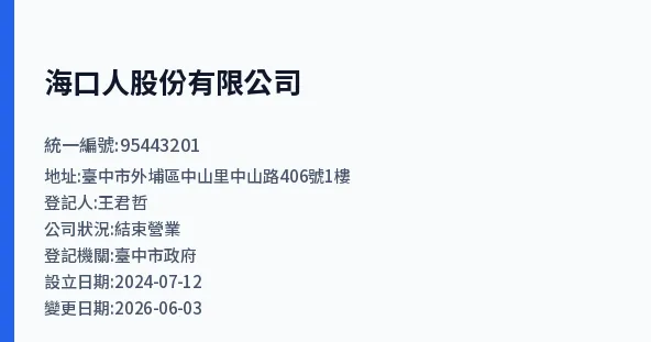 海口人股份有限公司的照片-統編 95443201(臺中市) 公司登記資料與營業項目詳細圖表