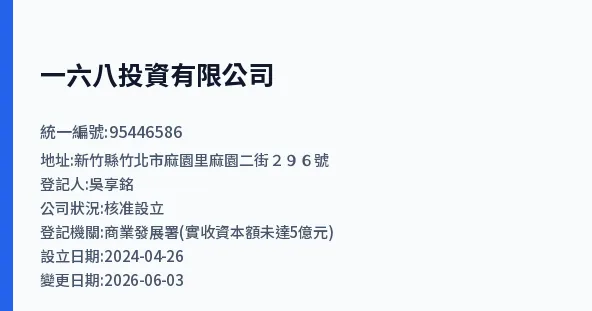 一六八投資有限公司的照片-統編 95446586(新竹縣) 公司登記資料與營業項目詳細圖表