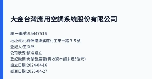 大金台灣應用空調系統股份有限公司的照片-統編 95447516(彰化縣) 公司登記資料與營業項目詳細圖表