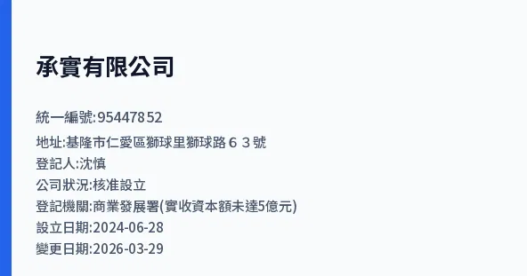 承實有限公司的照片-統編 95447852(基隆市) 公司登記資料與營業項目詳細圖表