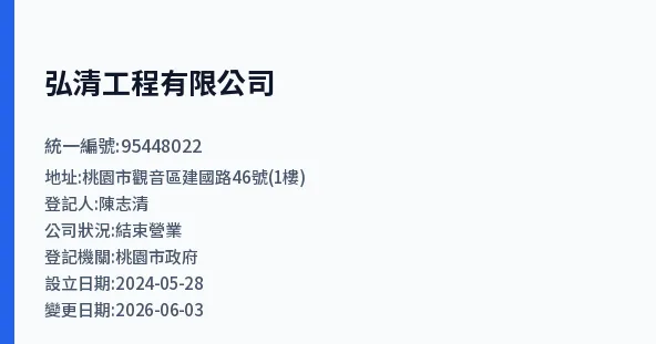 弘清工程有限公司的照片-統編 95448022(桃園市) 公司登記資料與營業項目詳細圖表