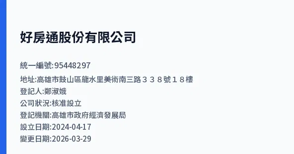好房通股份有限公司的照片-統編 95448297(高雄市) 公司登記資料與營業項目詳細圖表