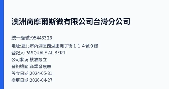 澳洲商摩爾斯微有限公司台灣分公司的照片-統編 95448326(臺北市) 公司登記資料與營業項目詳細圖表