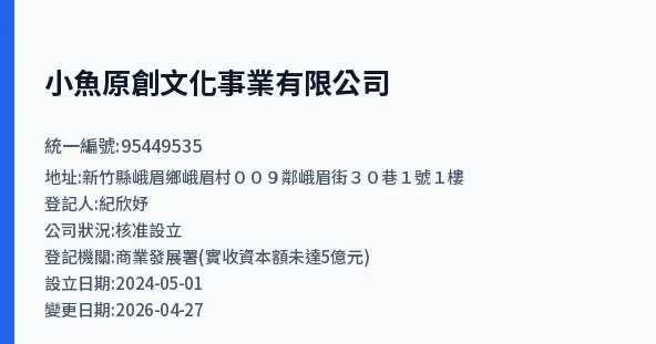 小魚原創文化事業有限公司的照片-統編 95449535(新竹縣) 公司登記資料與營業項目詳細圖表