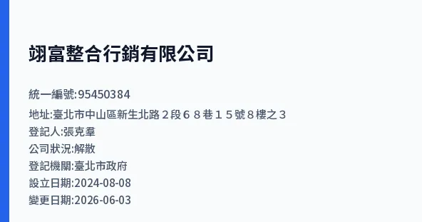 翊富整合行銷有限公司的照片-統編 95450384(臺北市) 公司登記資料與營業項目詳細圖表