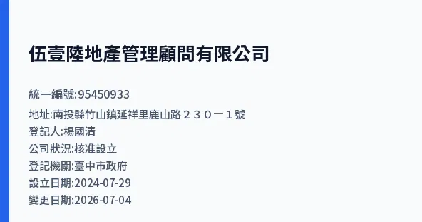 伍壹陸地產管理顧問有限公司的照片-統編 95450933(南投縣) 公司登記資料與營業項目詳細圖表