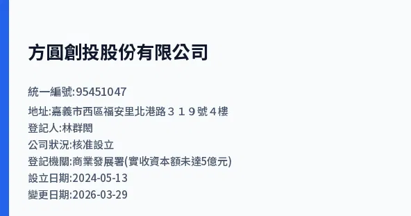 方圓創投股份有限公司的照片-統編 95451047(嘉義市) 公司登記資料與營業項目詳細圖表