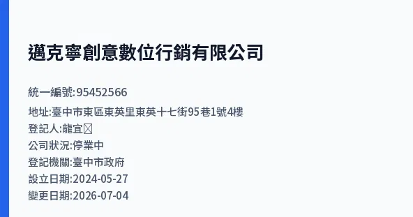 邁克寧創意數位行銷有限公司的照片-統編 95452566(臺中市) 公司登記資料與營業項目詳細圖表
