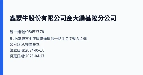 鑫蒙牛股份有限公司金大鋤基隆分公司的照片-統編 95452778(基隆市) 公司登記資料與營業項目詳細圖表