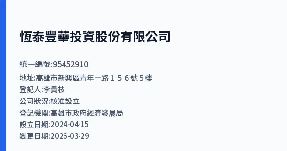 恆泰豐華投資股份有限公司的照片-統編 95452910(高雄市) 公司登記資料與營業項目詳細圖表