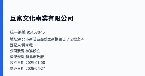 巨富文化事業有限公司的照片-統編 95453045(新北市) 公司登記資料與營業項目詳細圖表