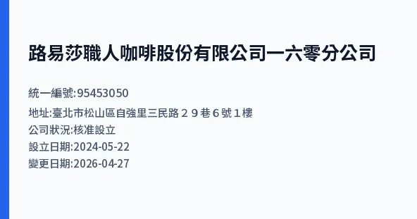 路易莎職人咖啡股份有限公司一六零分公司的照片-統編 95453050(臺北市) 公司登記資料與營業項目詳細圖表
