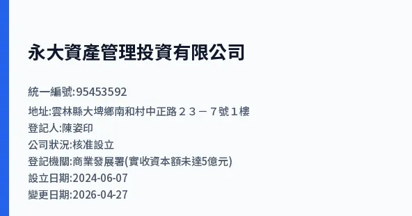 永大資產管理投資有限公司的照片-統編 95453592(雲林縣) 公司登記資料與營業項目詳細圖表