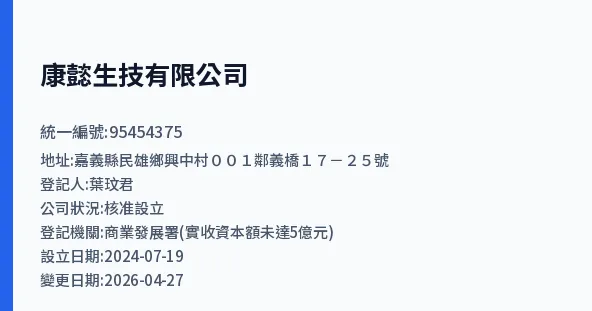 康懿生技有限公司的照片-統編 95454375(嘉義縣) 公司登記資料與營業項目詳細圖表