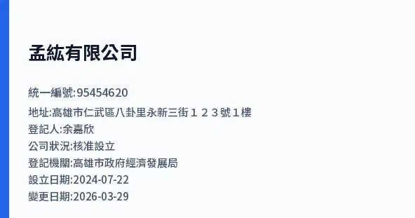 孟紘有限公司的照片-統編 95454620(高雄市) 公司登記資料與營業項目詳細圖表