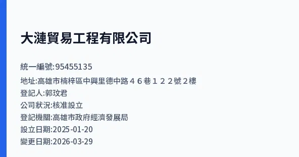大漣貿易工程有限公司的照片-統編 95455135(高雄市) 公司登記資料與營業項目詳細圖表
