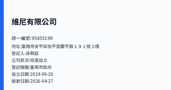 維尼有限公司的照片-統編 95455199(臺南市) 公司登記資料與營業項目詳細圖表