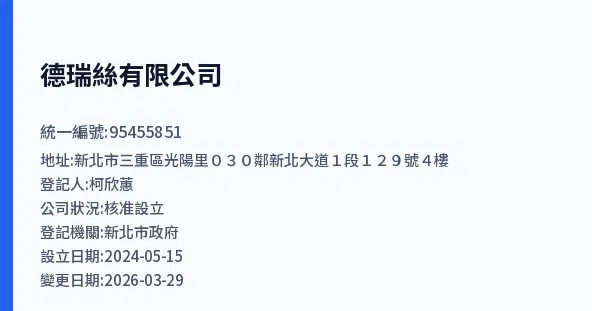 德瑞絲有限公司的照片-統編 95455851(新北市) 公司登記資料與營業項目詳細圖表