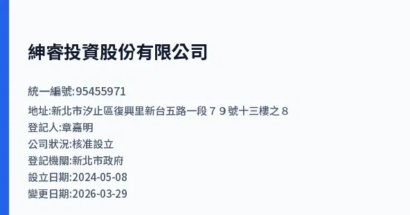 紳睿投資股份有限公司的照片-統編 95455971(新北市) 公司登記資料與營業項目詳細圖表