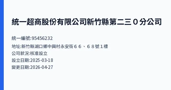 統一超商股份有限公司新竹縣第二三0分公司的照片-統編 95456232(新竹縣) 公司登記資料與營業項目詳細圖表