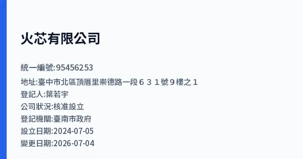 火芯有限公司的照片-統編 95456253(臺中市) 公司登記資料與營業項目詳細圖表