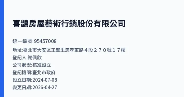 喜鵲房屋藝術行銷股份有限公司的照片-統編 95457008(臺北市) 公司登記資料與營業項目詳細圖表