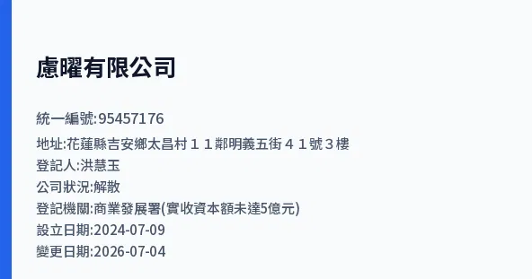 慮曜有限公司的照片-統編 95457176(花蓮縣) 公司登記資料與營業項目詳細圖表