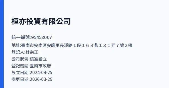 桓亦投資有限公司的照片-統編 95458007(臺南市) 公司登記資料與營業項目詳細圖表