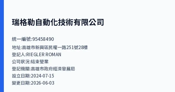 瑞格勒自動化技術有限公司的照片-統編 95458490(高雄市) 公司登記資料與營業項目詳細圖表