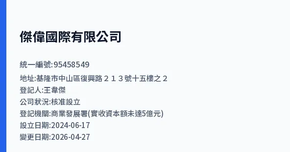 傑偉國際有限公司的照片-統編 95458549(基隆市) 公司登記資料與營業項目詳細圖表