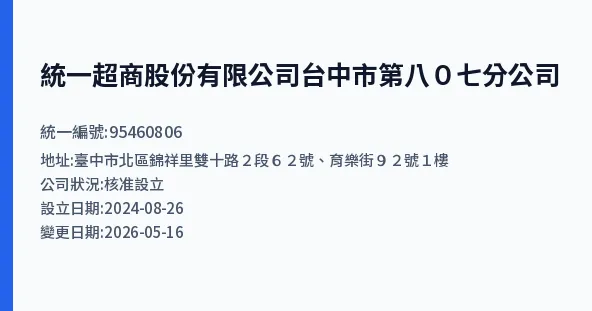 統一超商股份有限公司台中市第八0七分公司的照片-統編 95460806(臺中市) 公司登記資料與營業項目詳細圖表