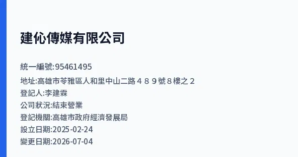 建伈傳媒有限公司的照片-統編 95461495(高雄市) 公司登記資料與營業項目詳細圖表