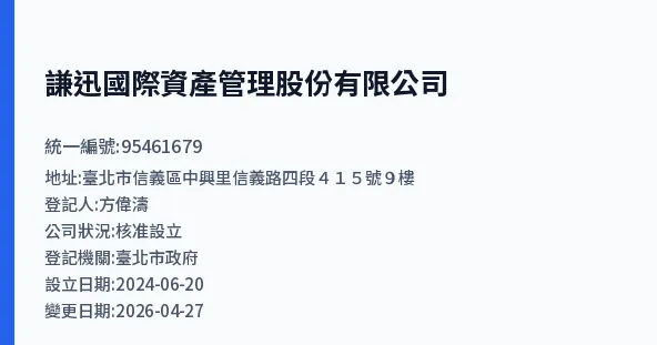 謙迅國際資產管理股份有限公司的照片-統編 95461679(臺北市) 公司登記資料與營業項目詳細圖表