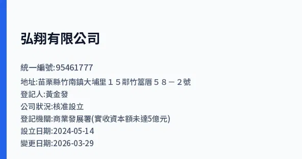 弘翔有限公司的照片-統編 95461777(苗栗縣) 公司登記資料與營業項目詳細圖表